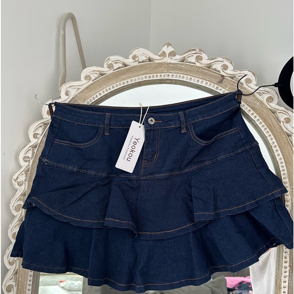Yeokou Skirts Yeokou Womens Casual Pleated Ruffle Mini Denim Skirts